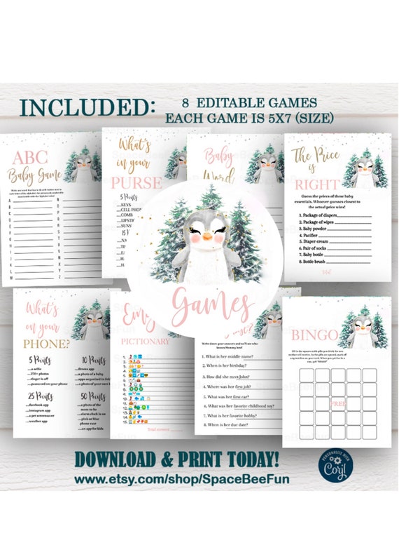 Editable Penguin Baby shower games Winter Girl Cute Oh Baby Shower ...