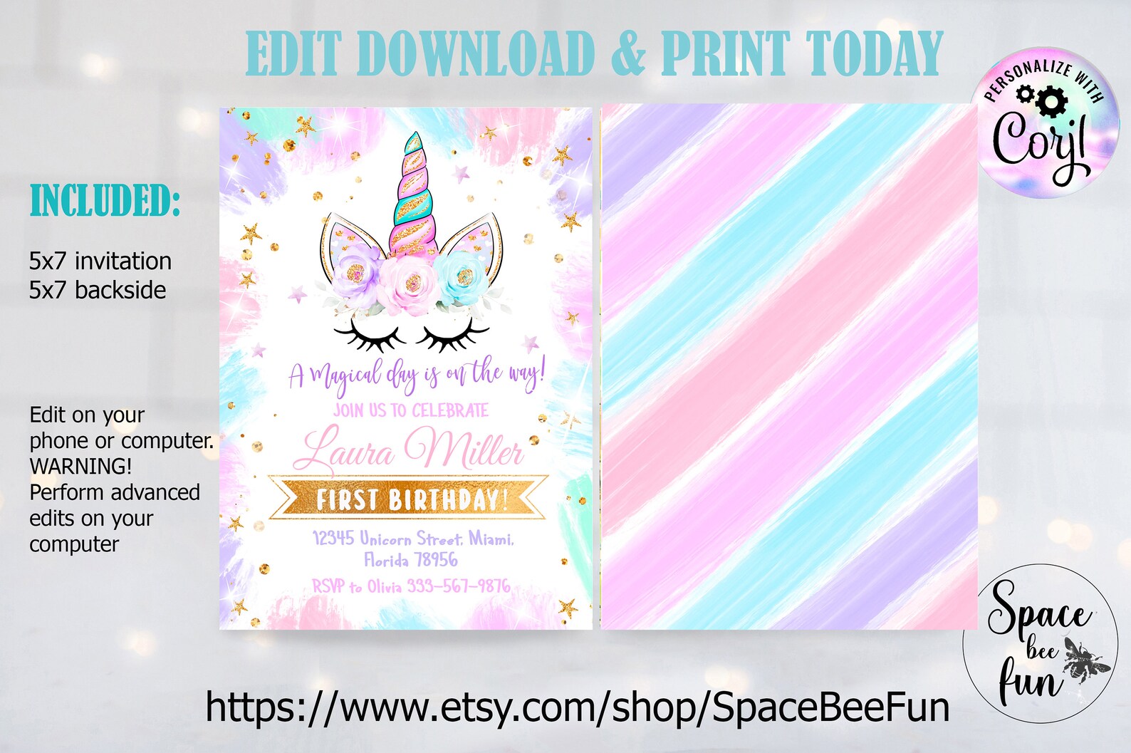 EDITABLE Purple Unicorn Birthday invitation Unicorn Party | Etsy