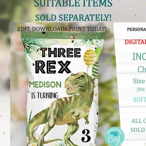 Editable Dinosaur Three Rex Thank You Card Boy, Dinosaur Party Birthday ...