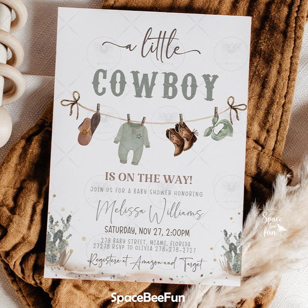 Cowboy Baby Shower Invitation Green Little Cowboy is on the Way Wild ...