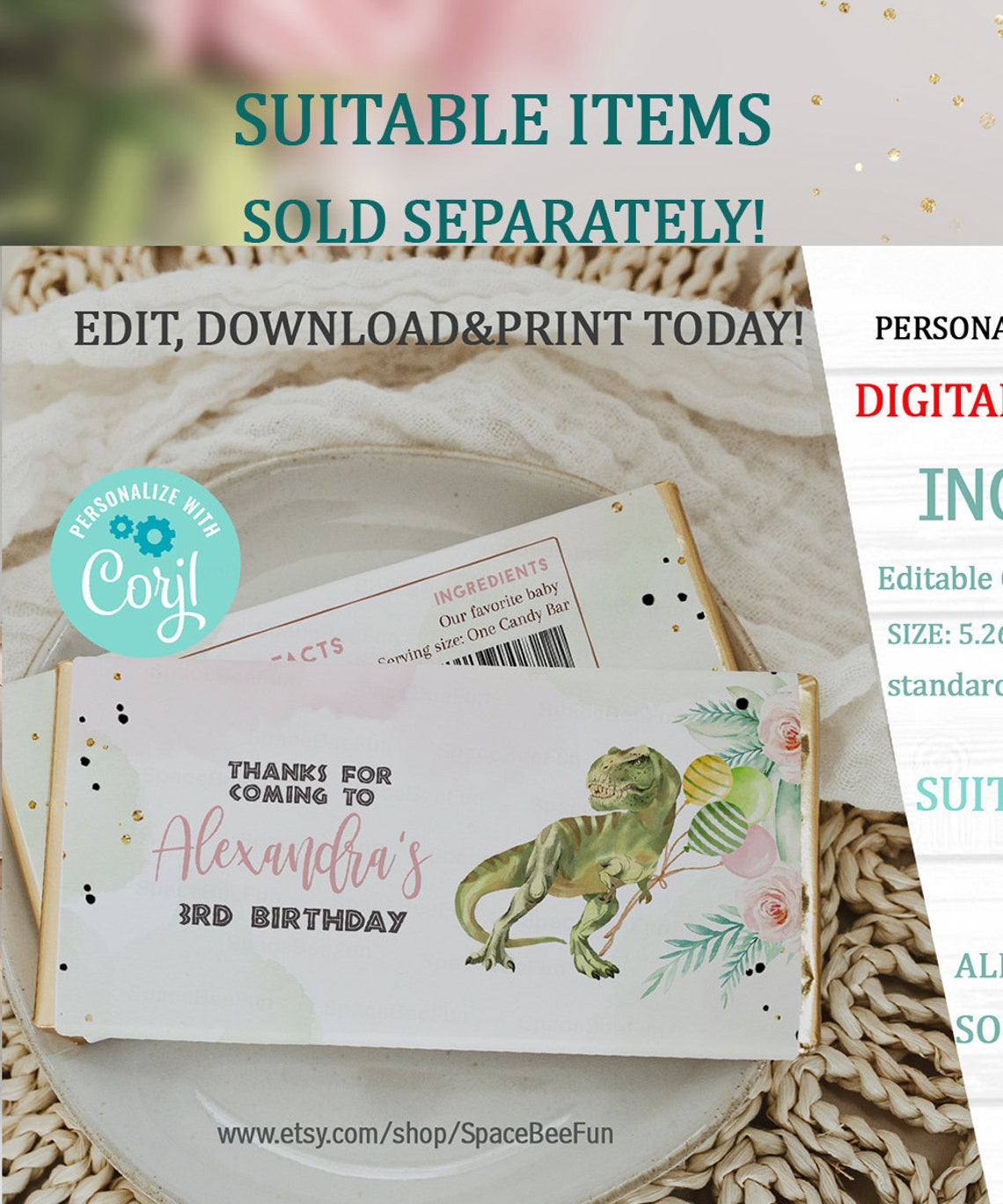 Editable Dinosaur Three Rex Thank You Card Girl Dinosaur - Etsy