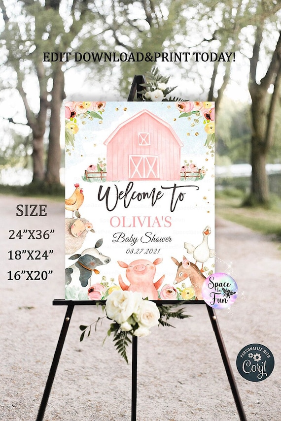 Farm Baby Shower Welcome sign, Editable Cow Baby Shower Sign, Pink ...