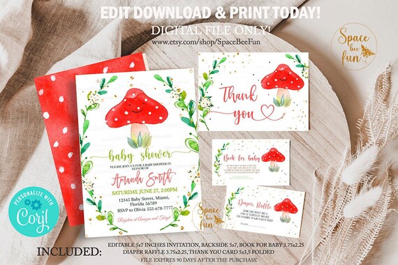 Editable Mushroom Baby Shower Invitation Bundle, with Mushroom Boy Girl ...