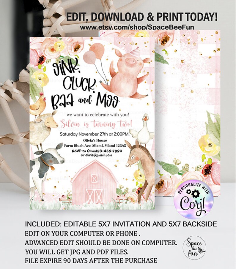 Editable Farm Birthday Invitation Girl Barn Party Farm - Etsy