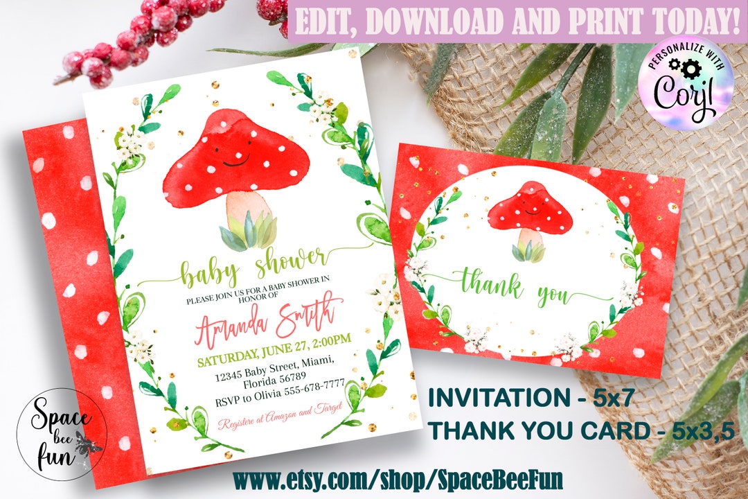 EDITABLE Mushroom Baby Shower Invitations, Mushroom Virtual Baby Shower ...
