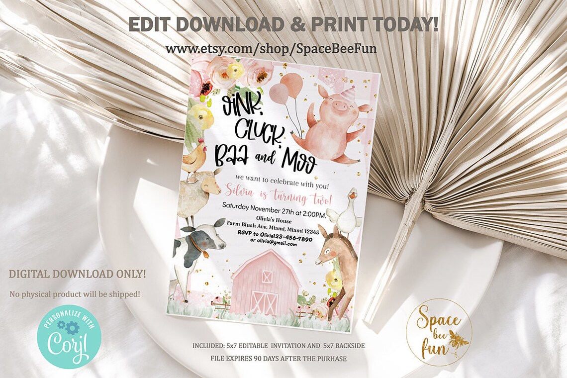 Editable Farm Birthday Invitation Girl Barn Party Farm - Etsy