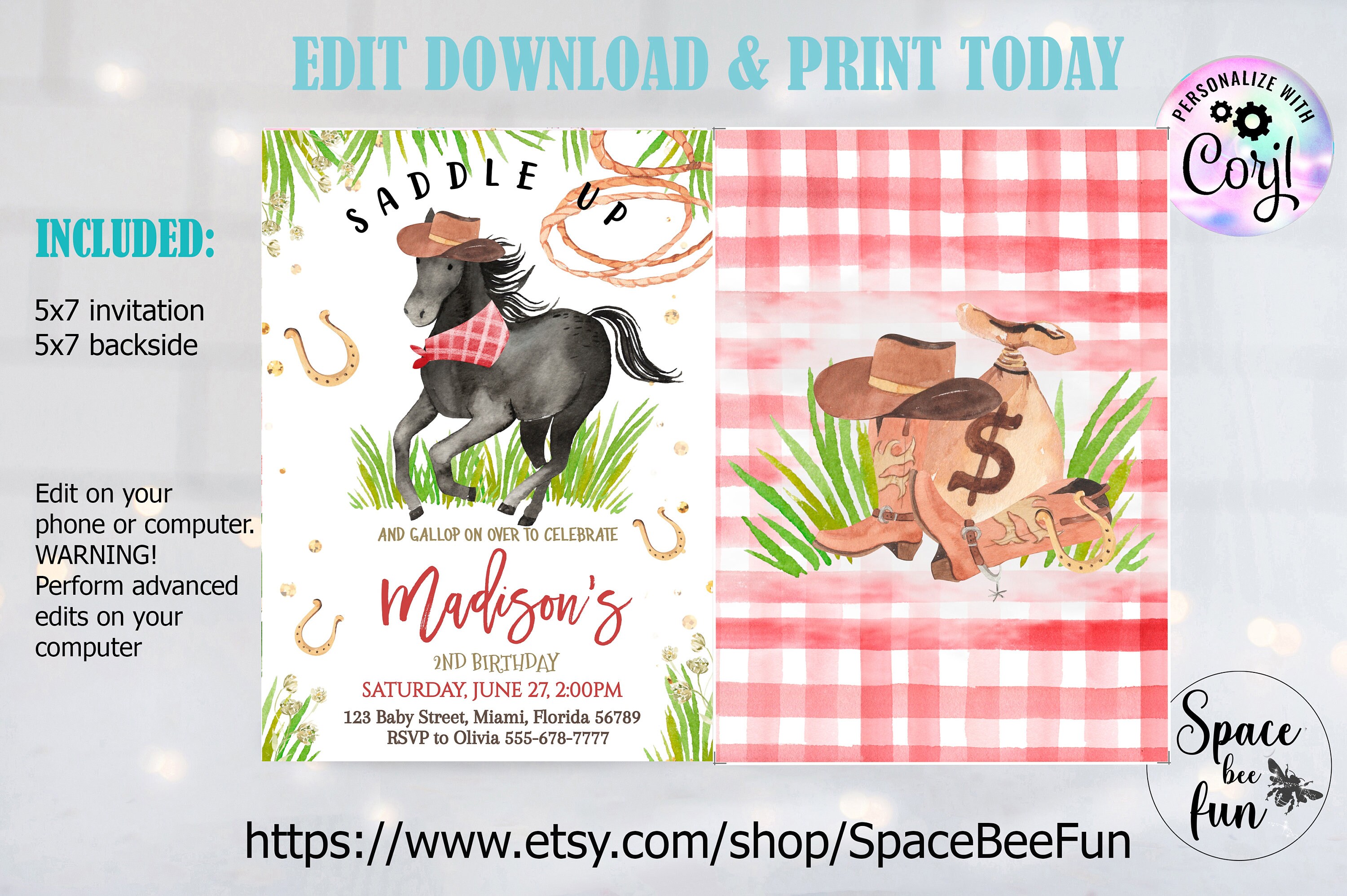 Editable Caballo Cumpleaños Invitación Chica Silla de montar | Etsy