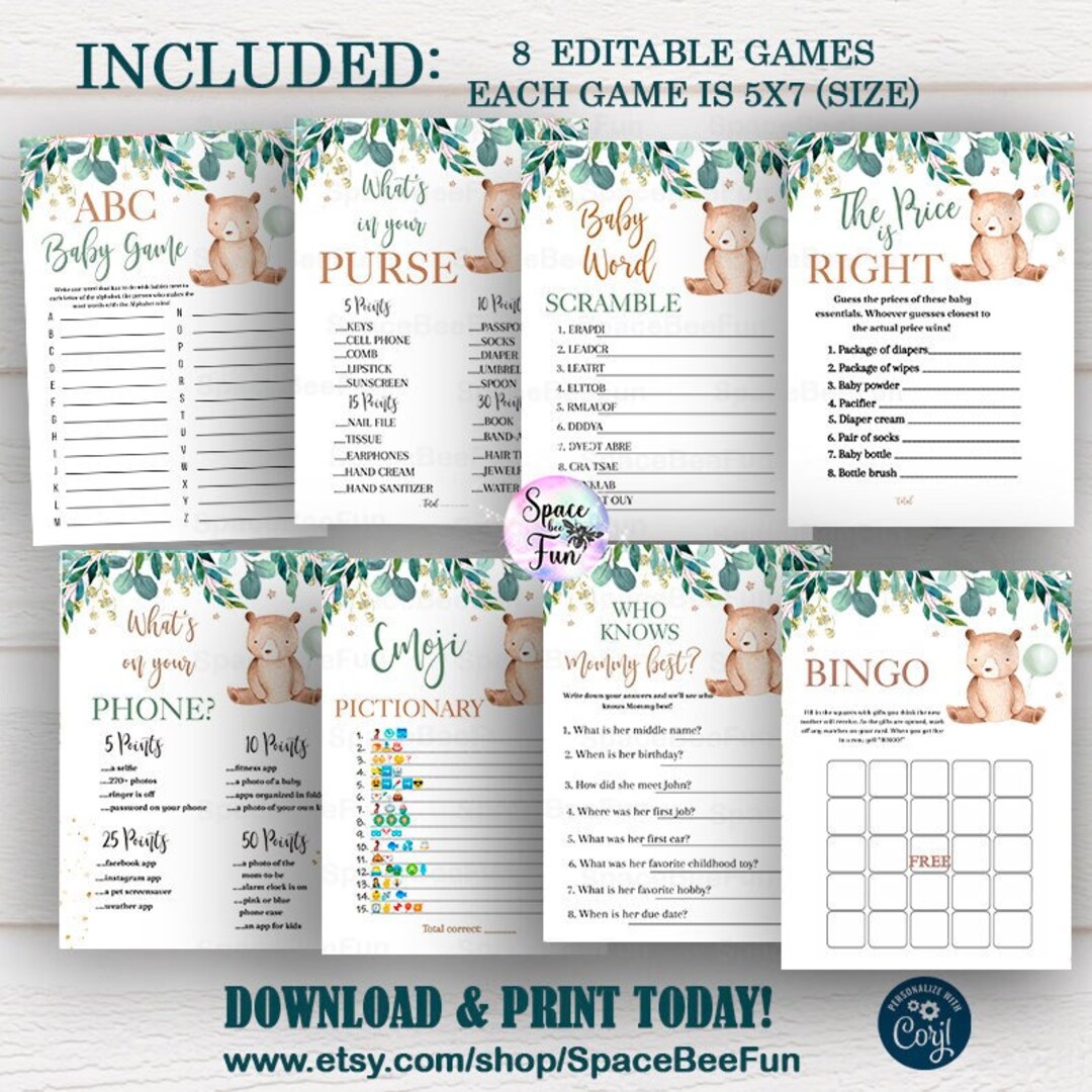 Teddy Bear Baby Shower Games Boy Baby Shower Game Bundle, Woodland Bear ...