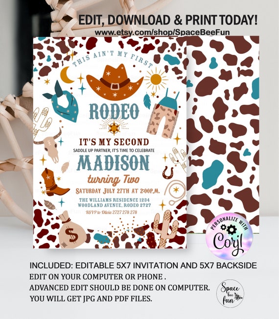 Second Rodeo Cowboy Birthday Party Invitation Wild West Cowby 2nd Rodeo ...