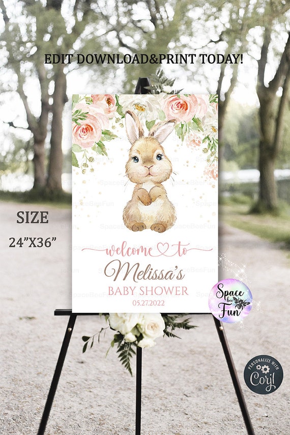 Editable Bunny Rabbit Baby Shower Welcome Sign Spring Floral | Etsy