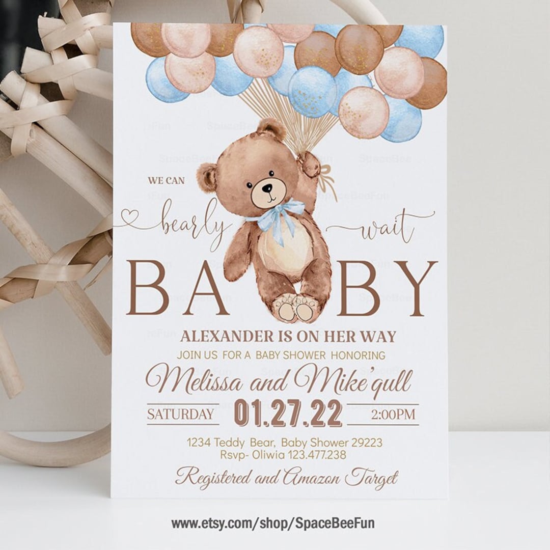 Teddy Bear Baby Shower Invitations Boy EDITABLE Bear Themed Invite With ...