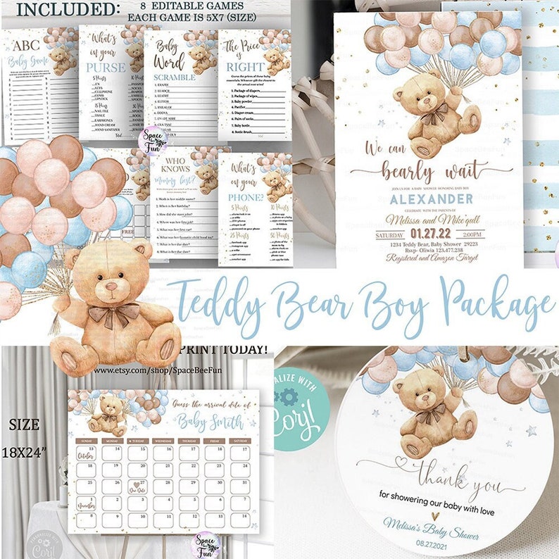 Editable Teddy Bear Baby Shower Invitation We Can Bearly Wait - Etsy