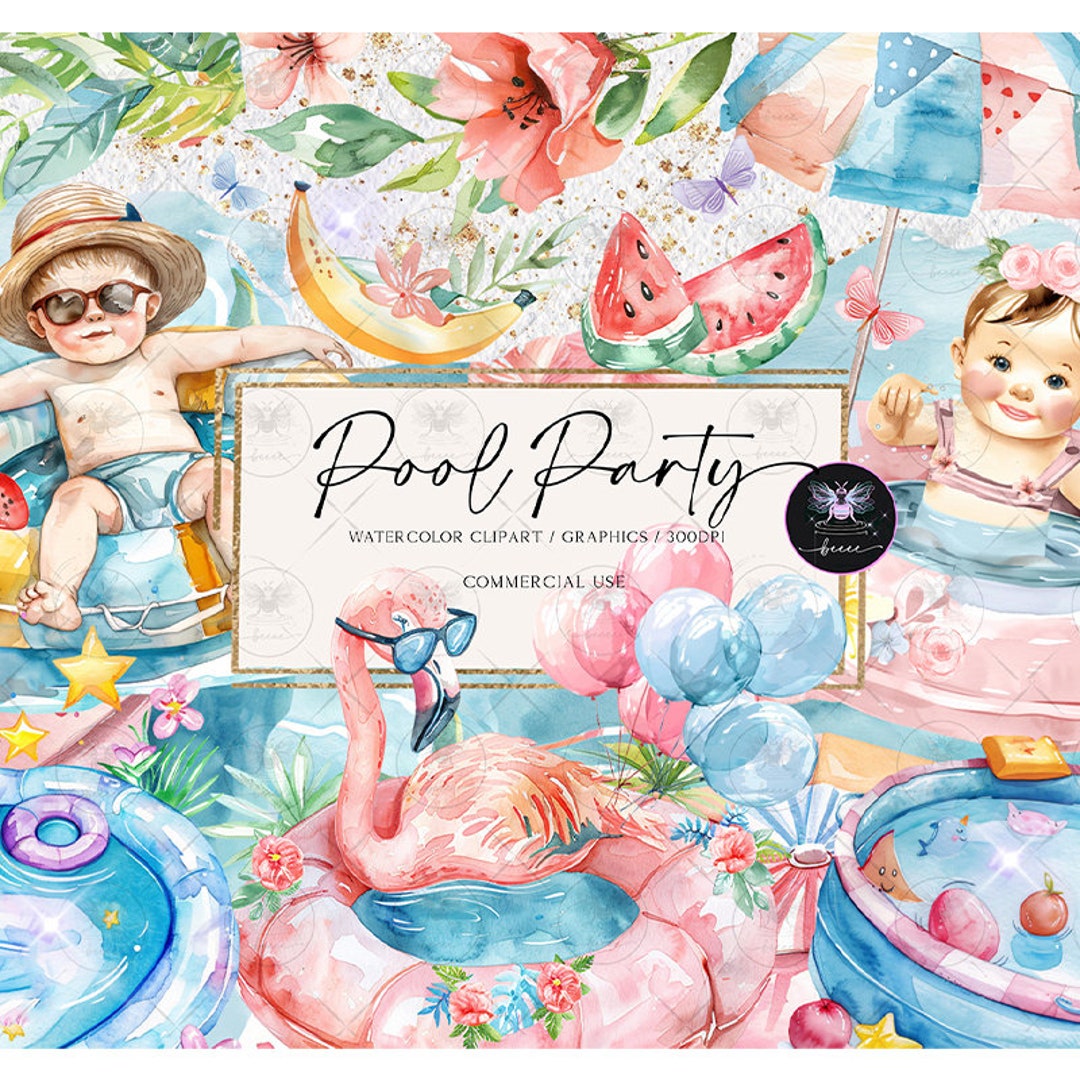 Pool Party Birthday Clipart Watercolor Sea Ocean Baby Tropical Nursery ...