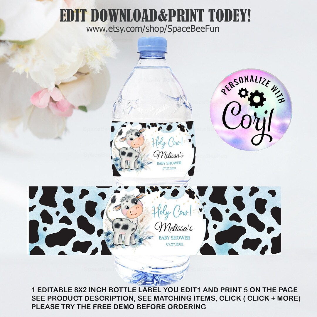 EDITABLE Holy Cow Boy Bottle Label Cow Labels, Boho Pampas Grass Farm ...