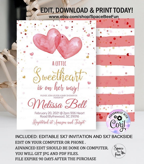 Editable Valentine Birthday Invitation Valentine Party 1st Invite ...