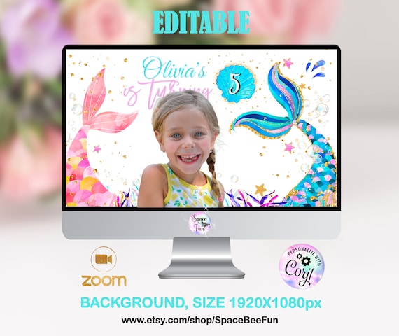 Zoom Background Birthday, Editable Mermaid Virtual Baby Shower, Mermaid ...