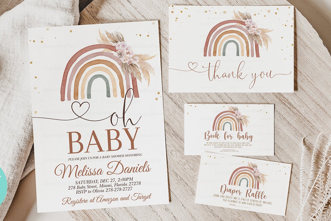 Editable Boho Rainbow Baby Shower Invitation Set Oh Baby - Etsy