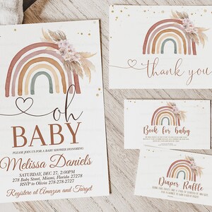 Editable Boho Rainbow Baby Shower Invitation Set Oh Baby Gender Natural ...