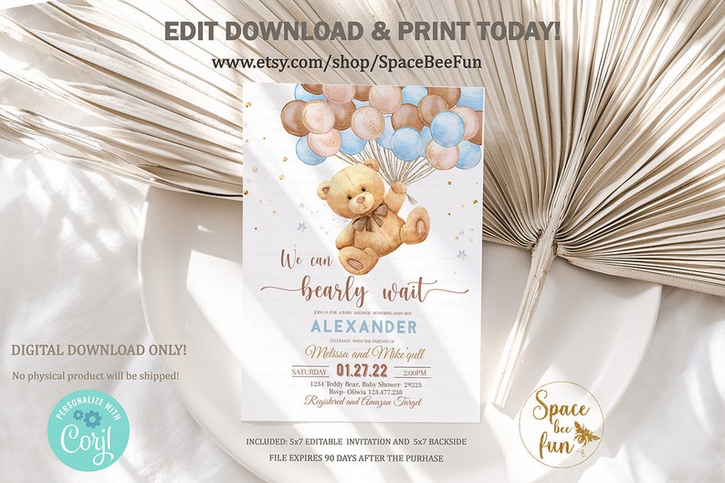 Editable Teddy Bear Baby Shower Invitation Bundle With Teddy | Etsy