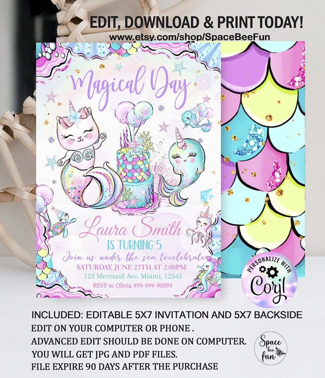 Caticorn Mermaid Birthday Invitation, Magical Day Unicorn Party Under ...