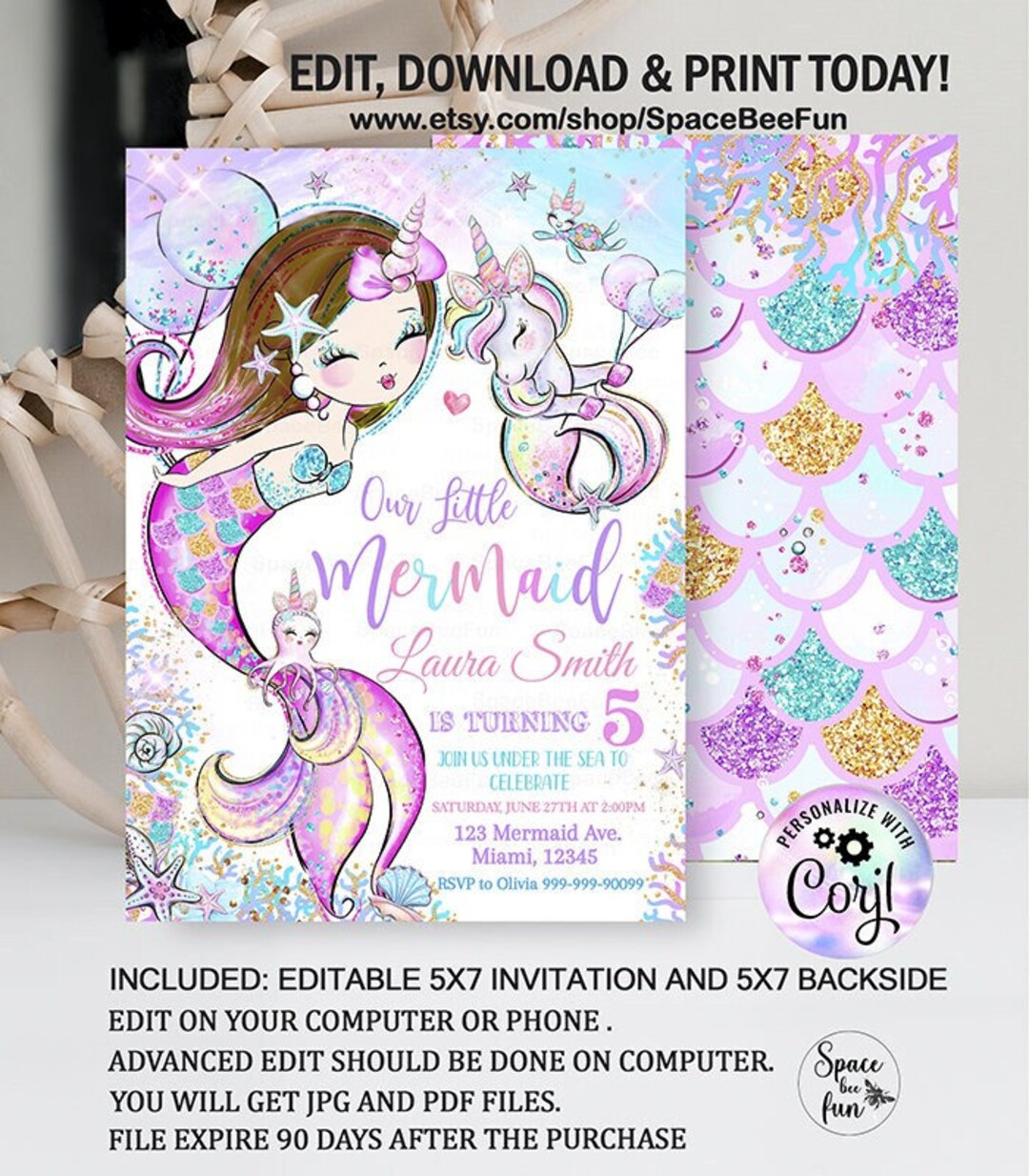 Editable Mermaid Birthday Invitation Unicorn Mermaid Brunette Party ...