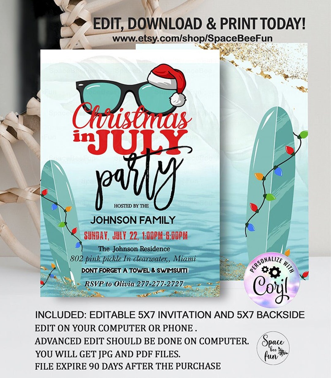 EDITABLE Christmas in July Party Invitation Pool Party Invites Summer ...