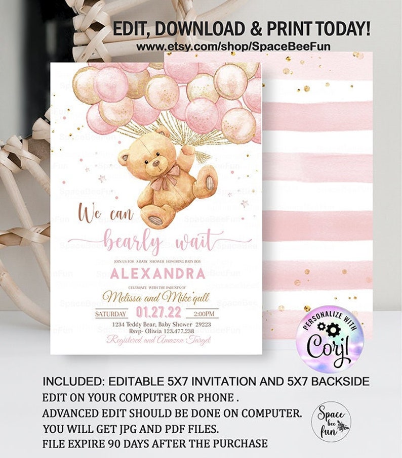 Editable Teddy Bear Baby Shower Invitation Girl Bear Themed - Etsy