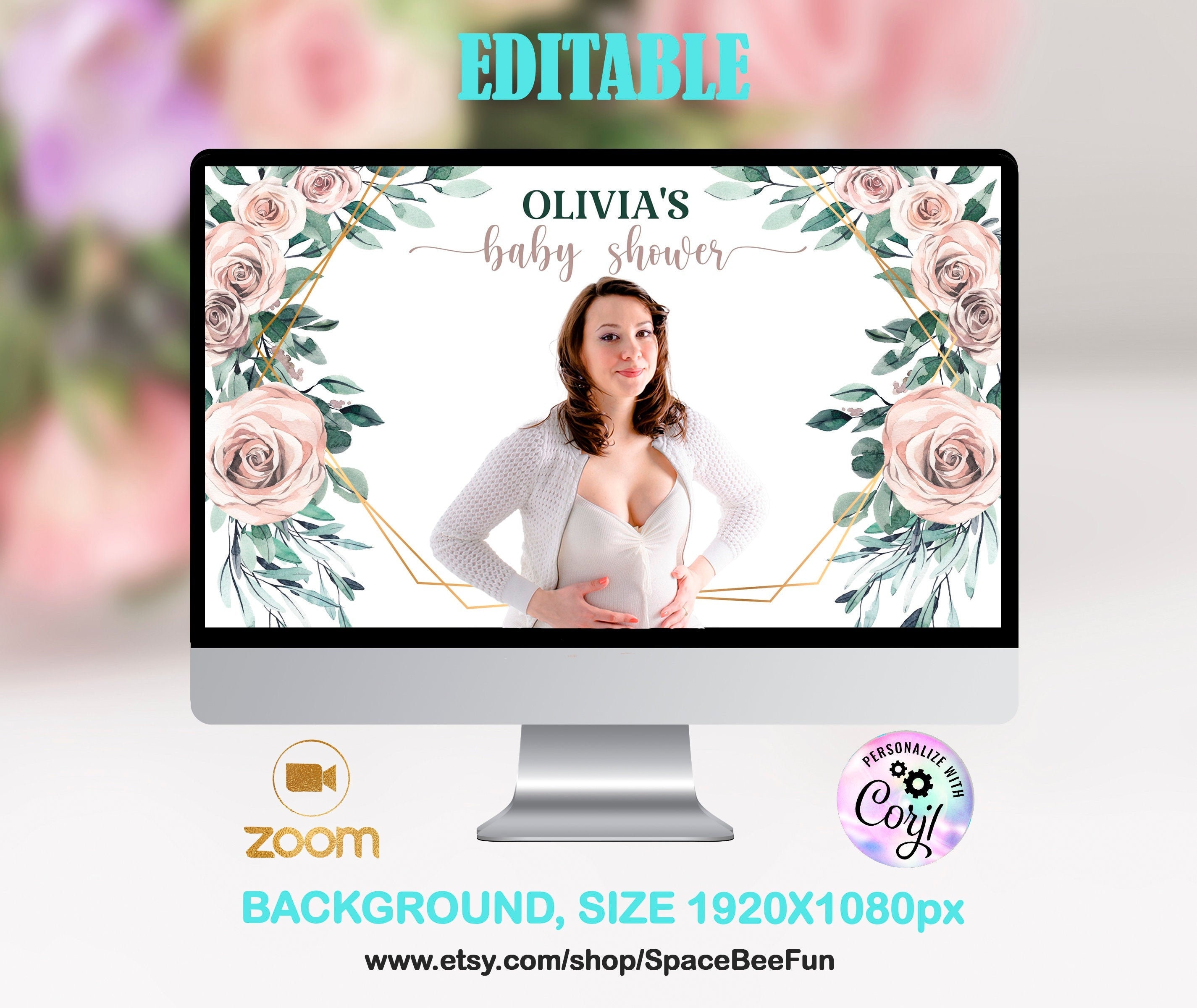EDITABLE Zoom Background Baby Shower Boho Rose Virtual Baby | Etsy