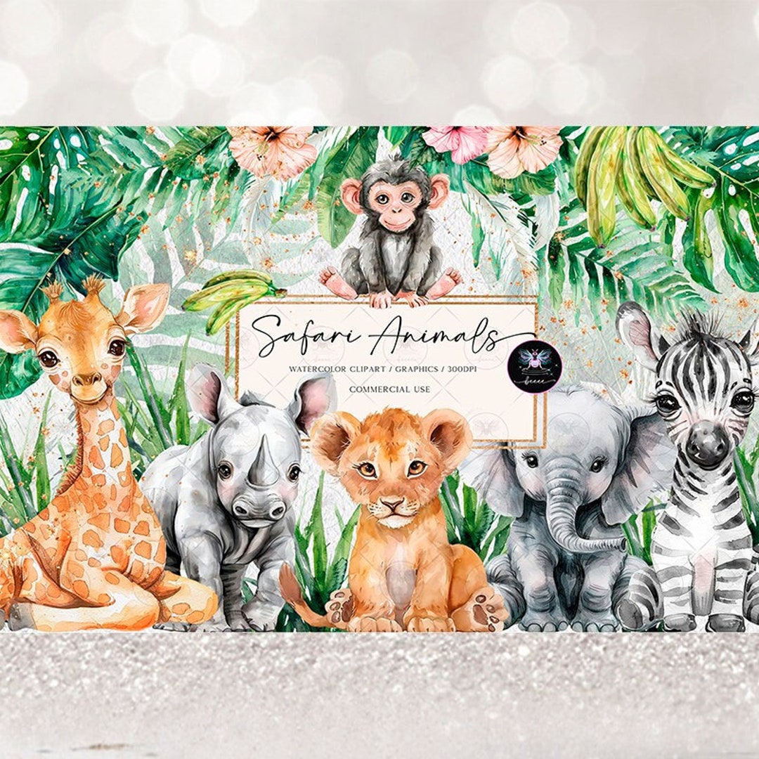 Safari Animals Baby Shower Jungle Watercolor Clipart Sweet Elephant ...