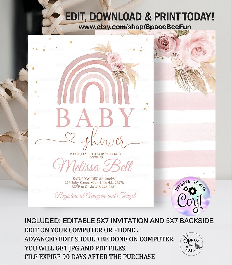 Editable Boho Rainbow Baby Shower Invitation Set Girl Pink - Etsy