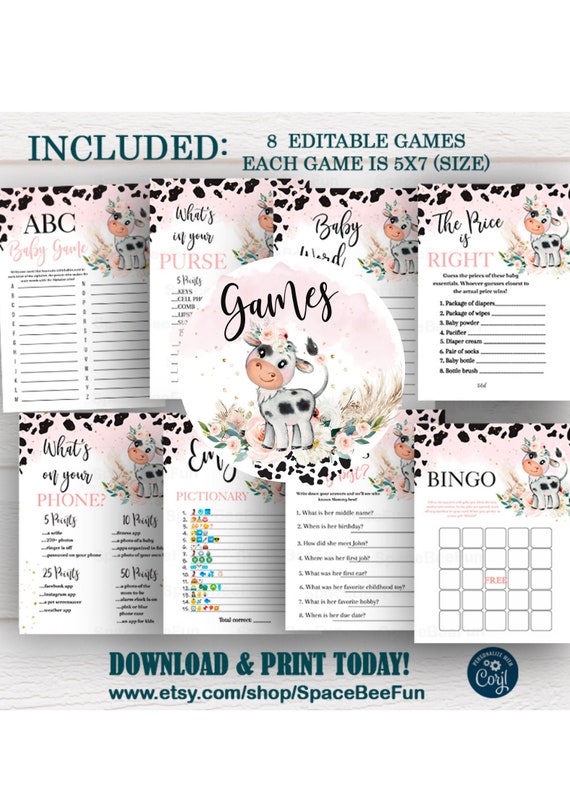 EDITABLE Holy Cow Baby Shower Games Cow Boho Pampas Grass Farm animal ...