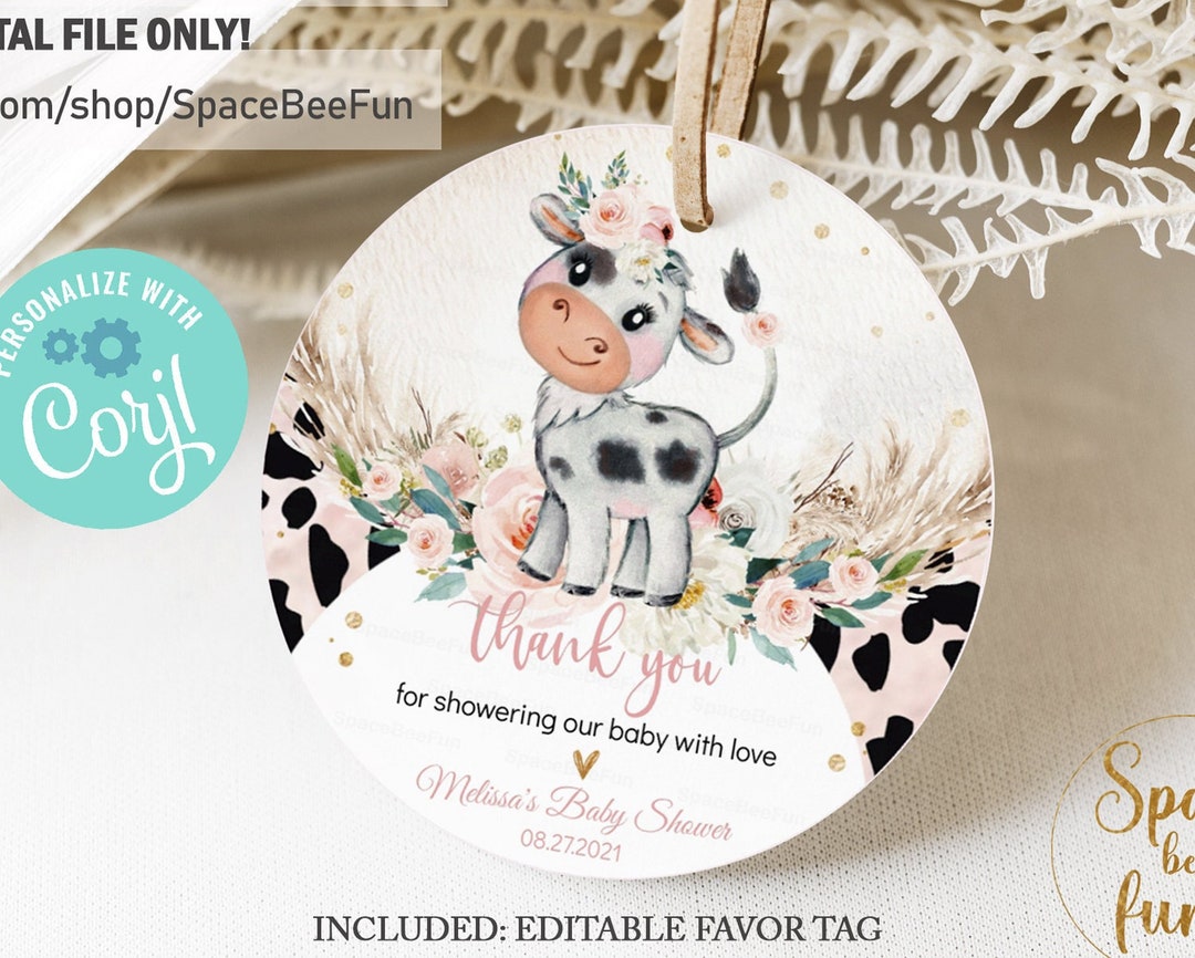 EDITABLE Holy Cow Baby Shower Girl Favor Tag Cow Boho Pampas Grass Farm ...