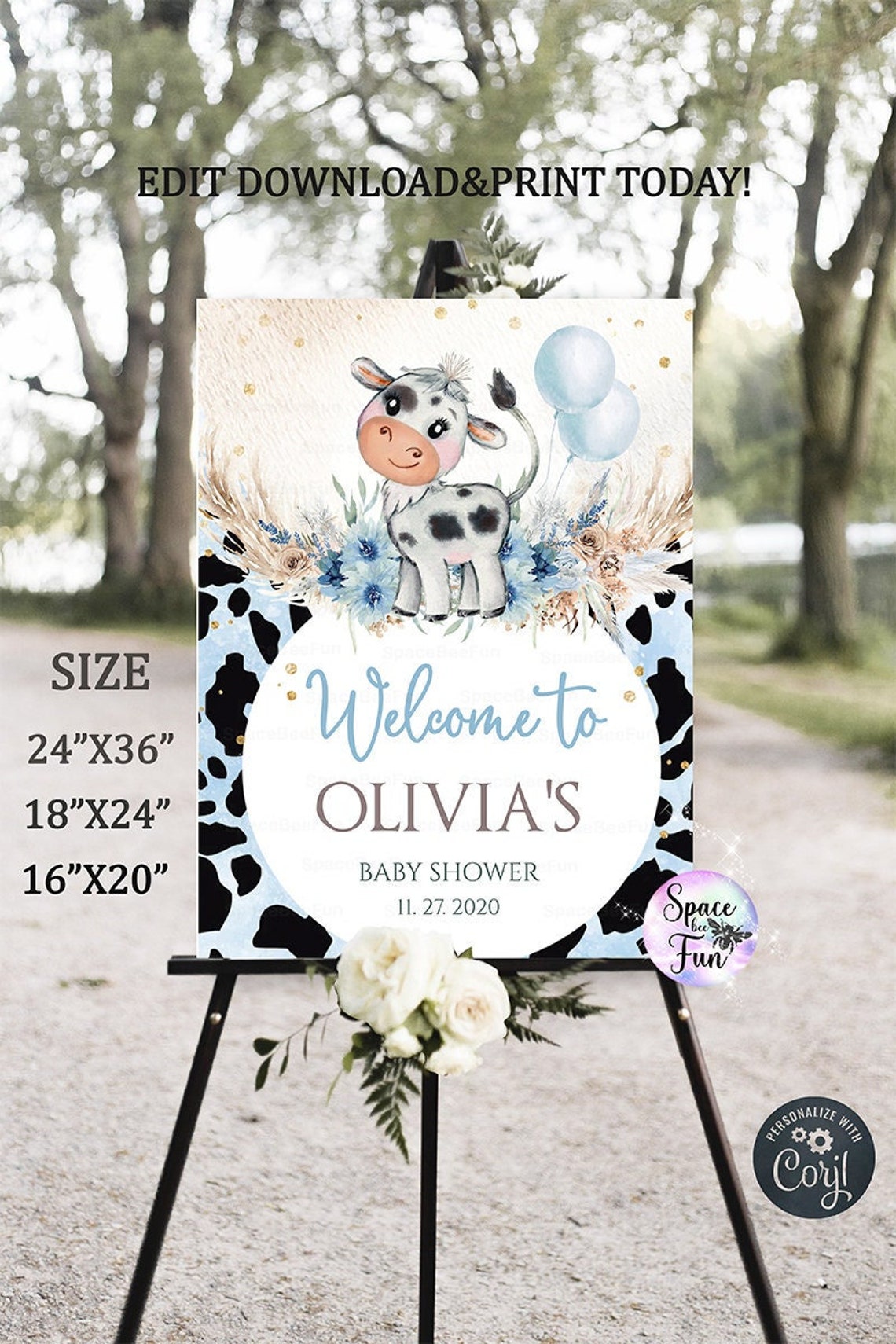 EDITABLE Holy Cow Baby Shower Boy Welcome Sign Cow Boho Pampas - Etsy