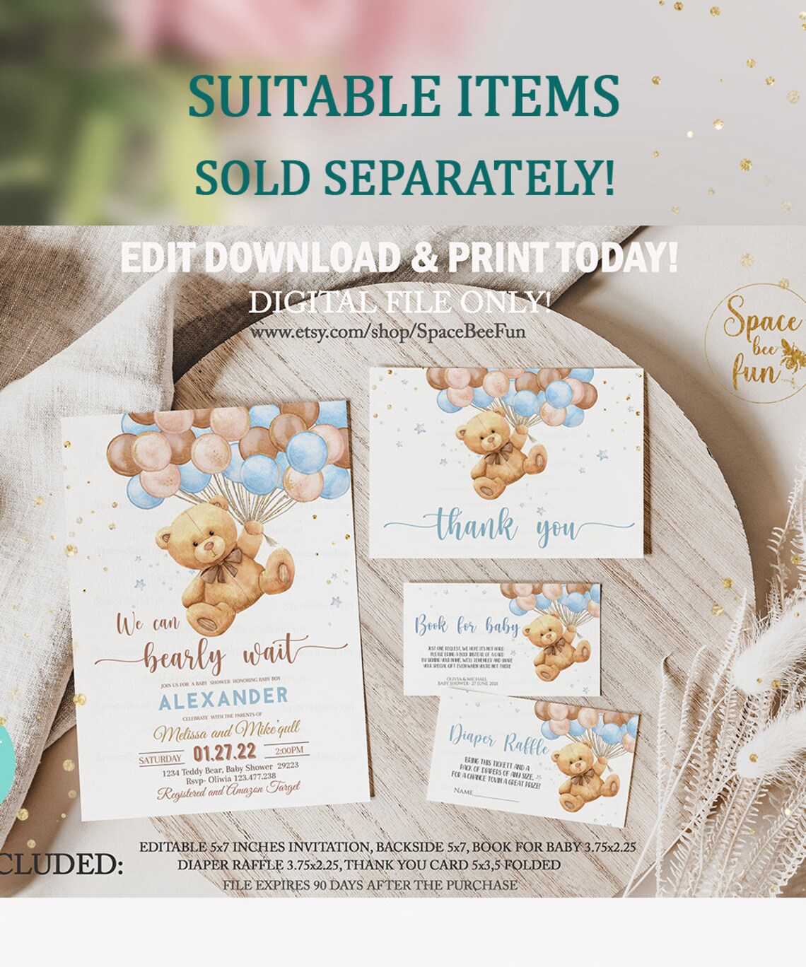 EDITABLE Zoom Background Baby Shower Teddy Bear Virtual Baby - Etsy