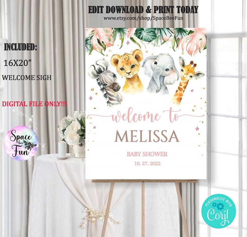 EDITABLE Safari Baby Shower Welcome Sign Girl Young Wild Baby - Etsy