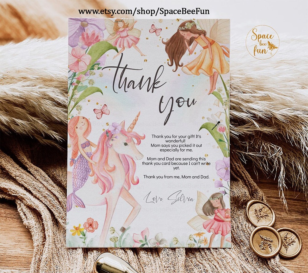 Editable Fairy Birthday Thank You Fairy Party Magical Unicorn Floral ...