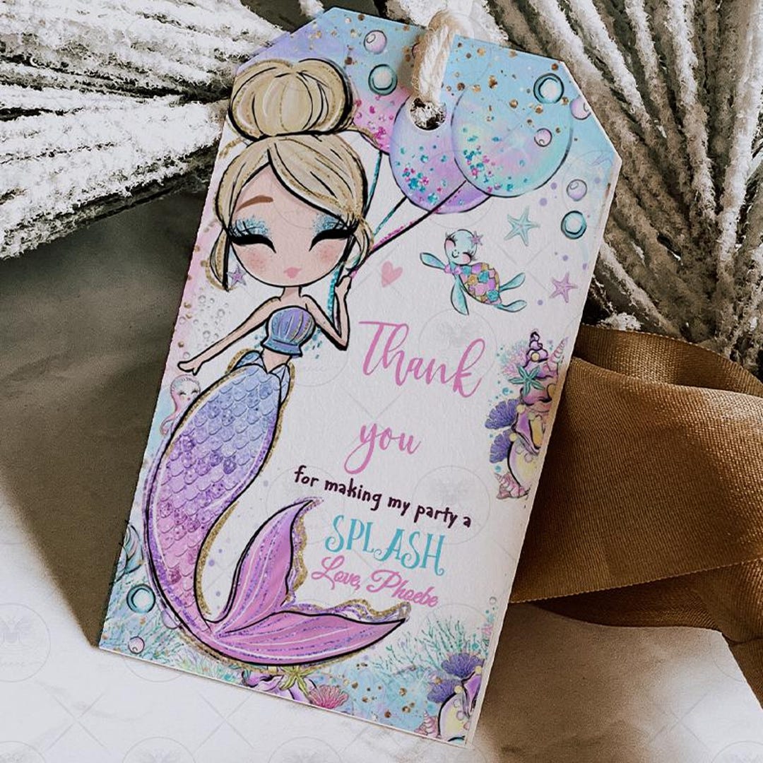 Editable Mermaid Birthday Thank You Tag Mermaid Party Gift Tag, Pool ...