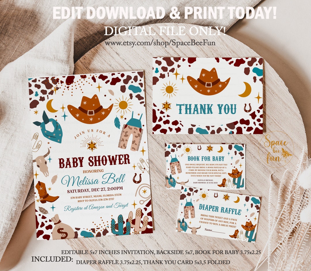 Editable Cowboy Baby Shower Invitation Set Package Wild West Invite ...