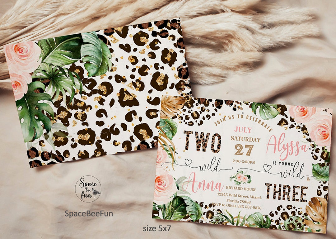 Safari Leopard Print Two Name Birthday Invitation, Double Birthday Invitation, Editable Dual ...