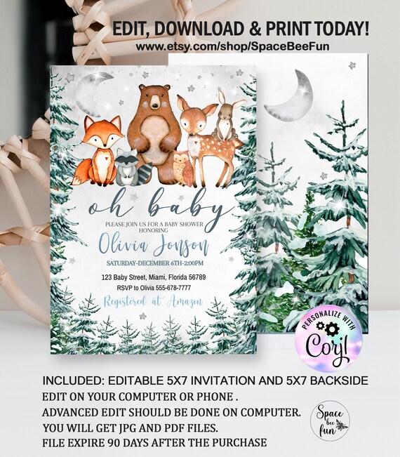 EDITABLE Baby Shower Invite, Woodland Baby Shower Invitation, Winter ...