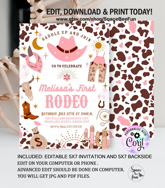 Cowgirl My First Rodeo Invitation Birthday Invite Editable Wild West ...