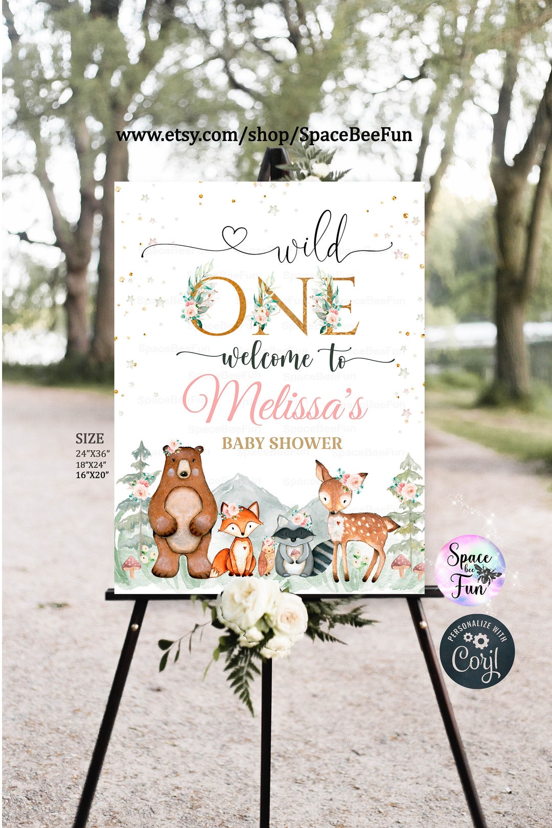 EDITABLE Woodland Animals Welcome Sign Baby Shower Girl Wild One ...