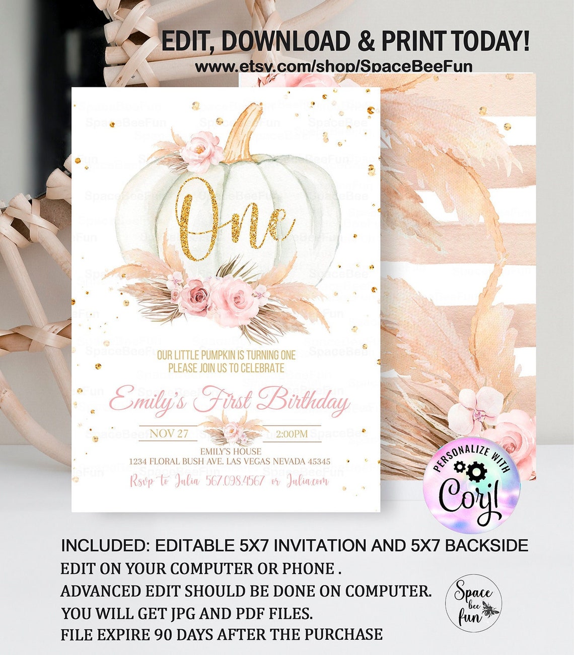 EDITABLE Pumpkin 1st Birthday Invitation Girl Boho Pink Girl - Etsy