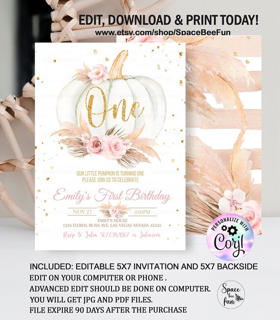EDITABLE Pumpkin 1st Birthday Invitation Girl, Boho Pink Girl Pumpkin ...