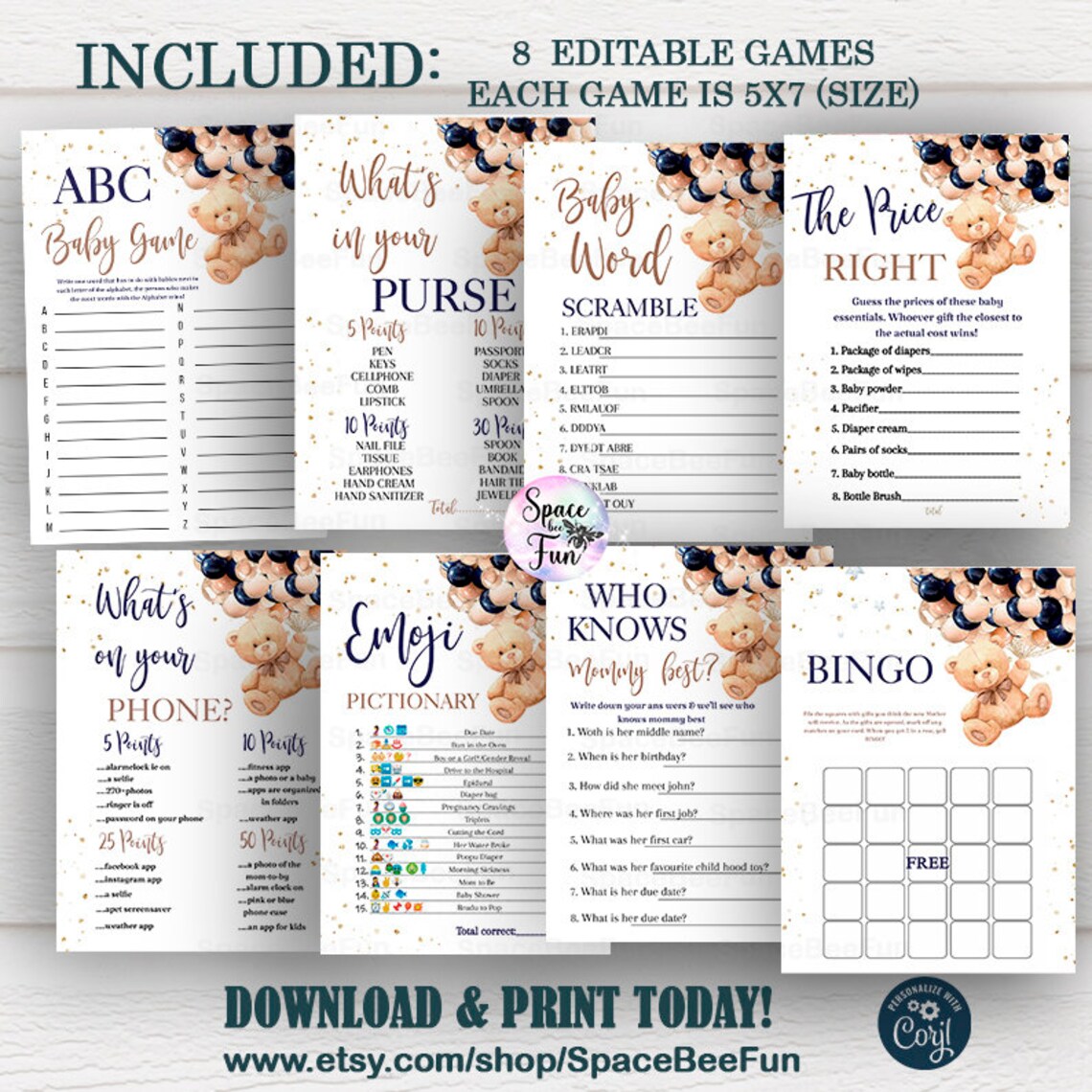 EDITABLE Teddy Bear Baby Shower Games Boy Games Teddy Bear - Etsy