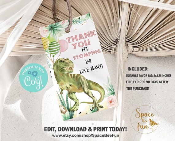 EDITABLE Three rex Birthday Favor tagsGirl, Dinosaur T-REX Birthday ...