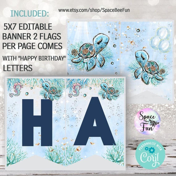 Under the Sea Birthday Banner Boy, Ocean Turtle Birthday Center Baby ...