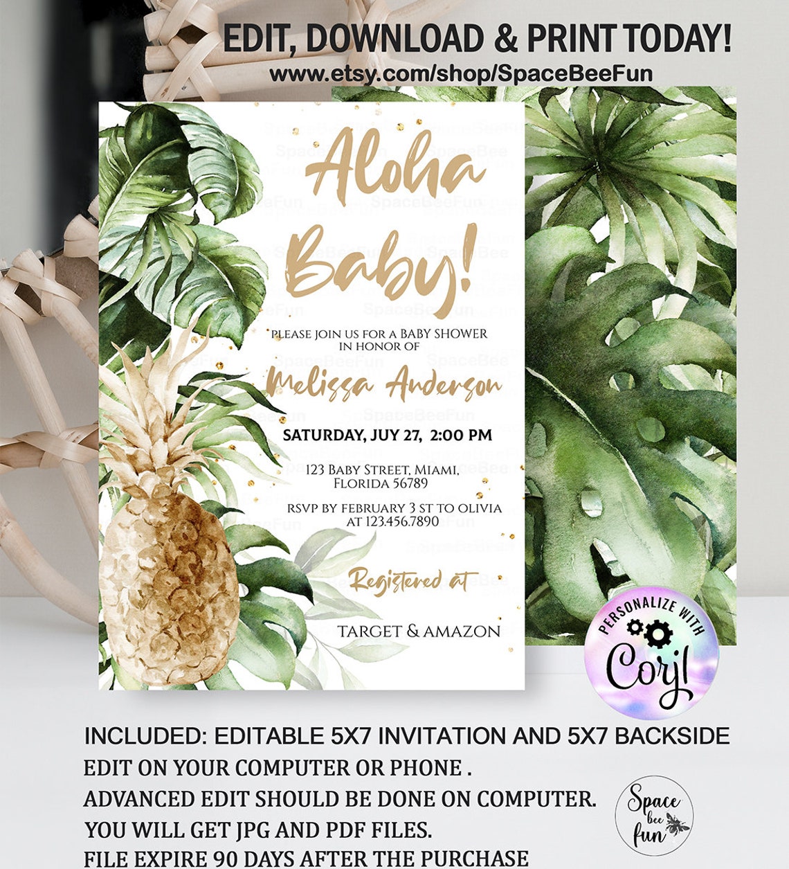 Editable Aloha Baby Shower Invitation Pineapple Baby Shower - Etsy