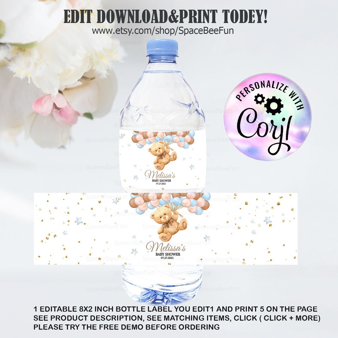 EDITABLE Teddy Bear Baby Shower Water Bottle Label Boy, Decorations ...