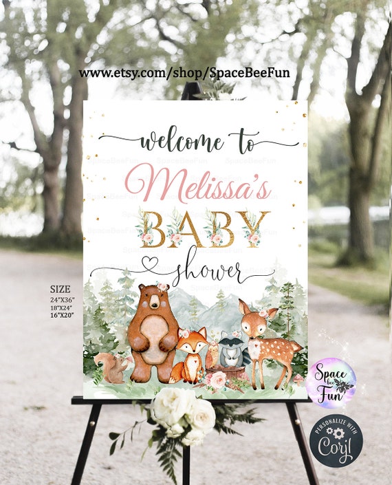 EDITABLE Woodland Animals Welcome Sign Baby Shower Girl Wild One ...